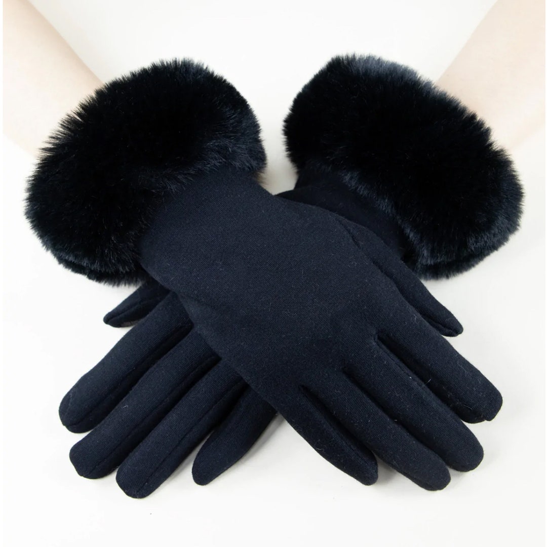 BLACK Fur Gloves Faux Fur Cuff Finger Gloves With Touch Screen Function ...