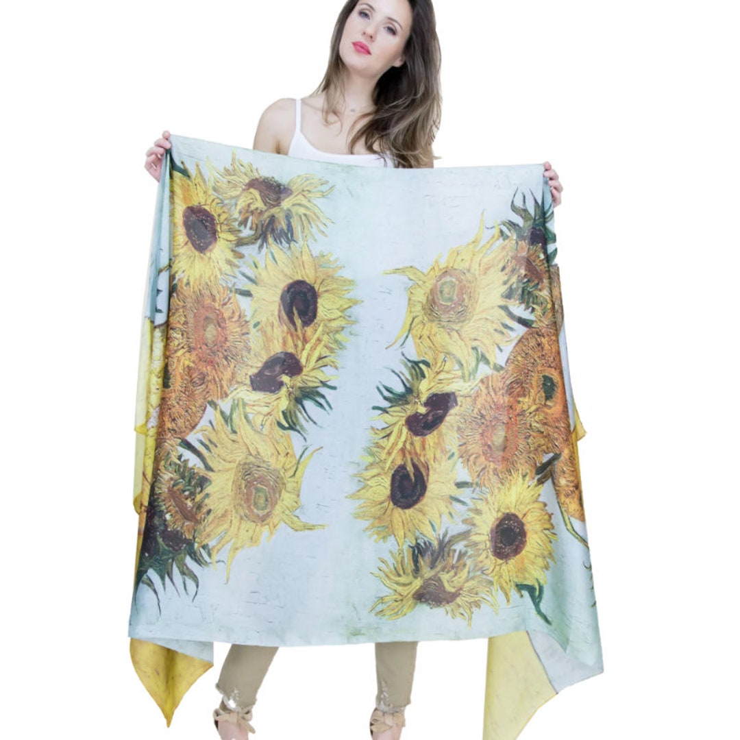 Elegant Golden Sunflower Van Gogh Satin Scarf Silky Print for Versatile ...