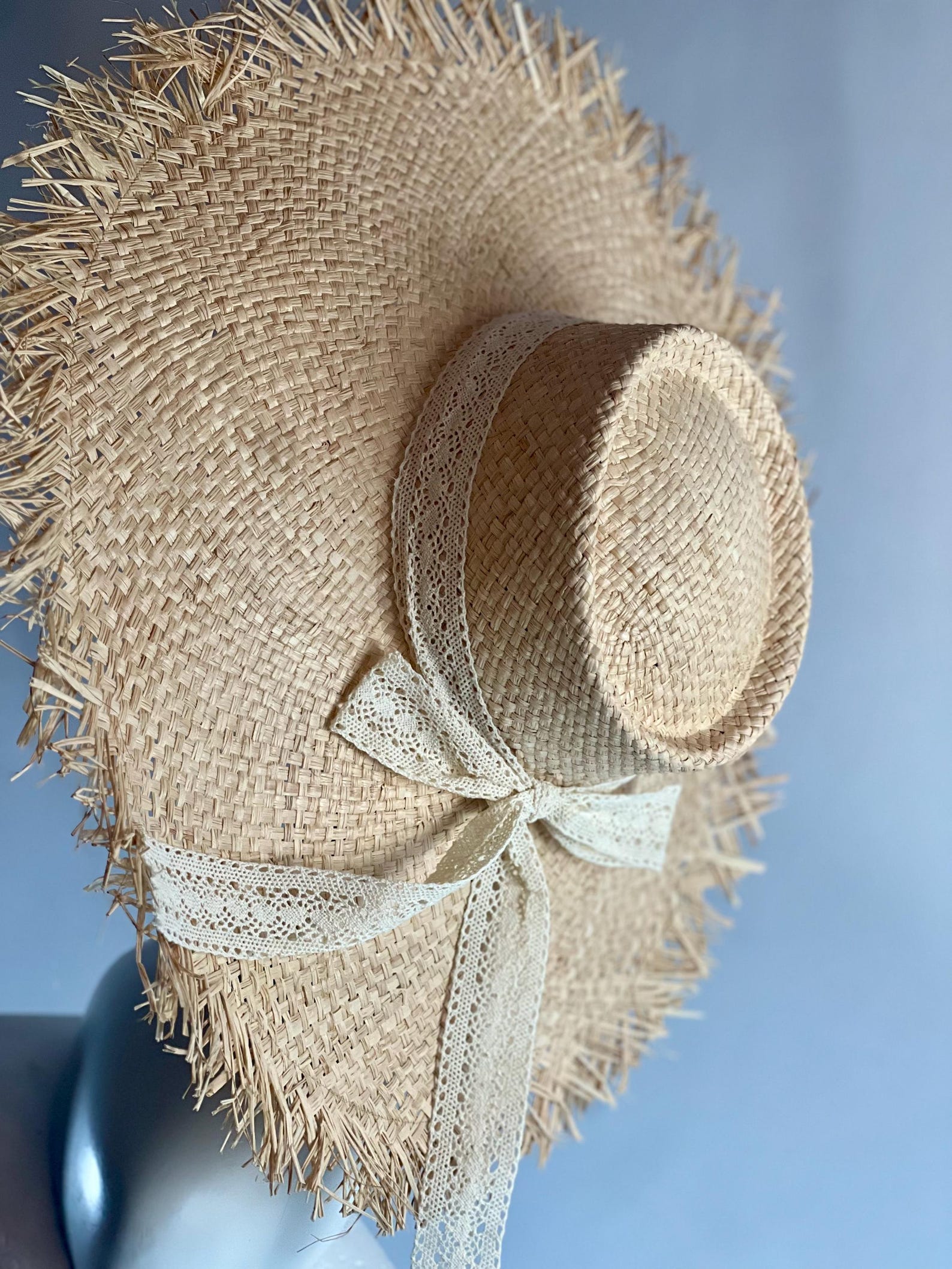 Frayed Raffia Sun Hat: Wide Brim Boho Beach Hat With Lace Ribbon - Etsy