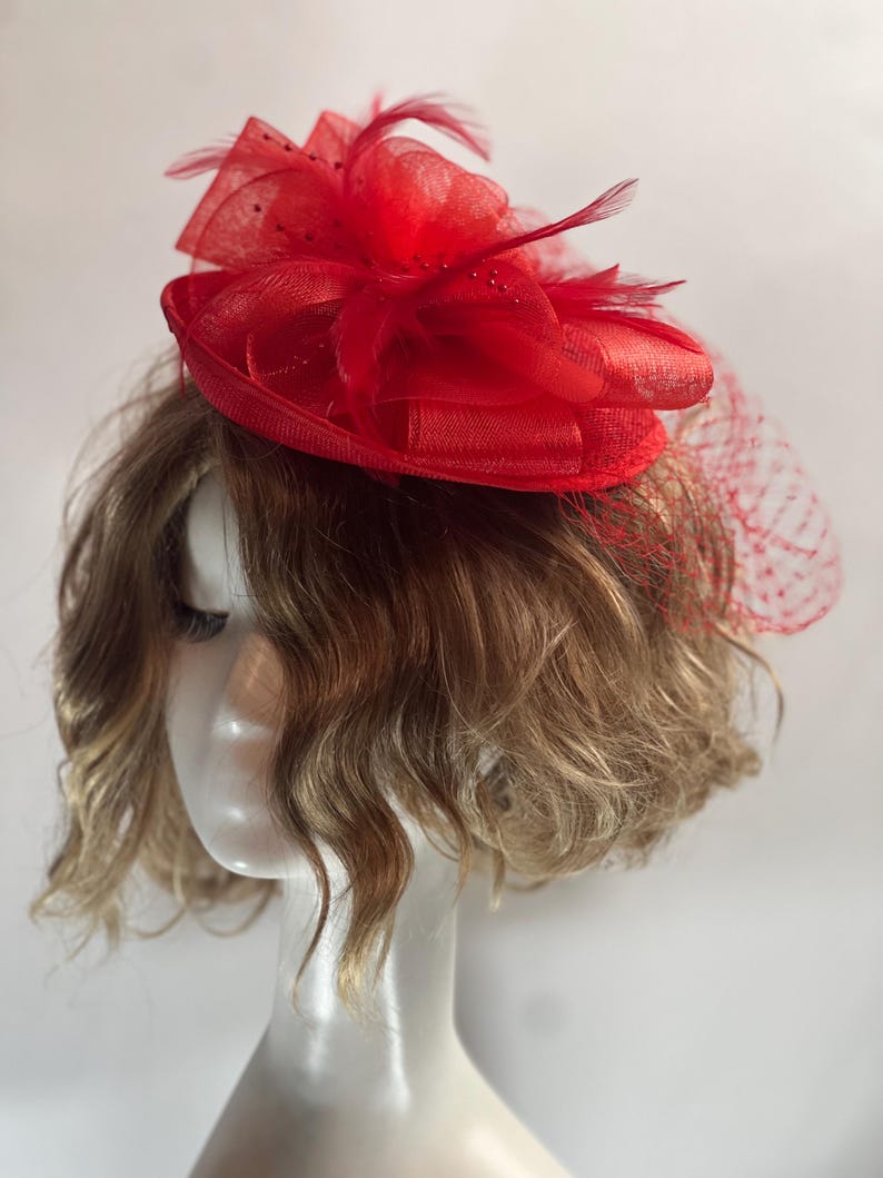 Red Fascinator Hat: Elegant Feather & Veil Headpiece - Etsy