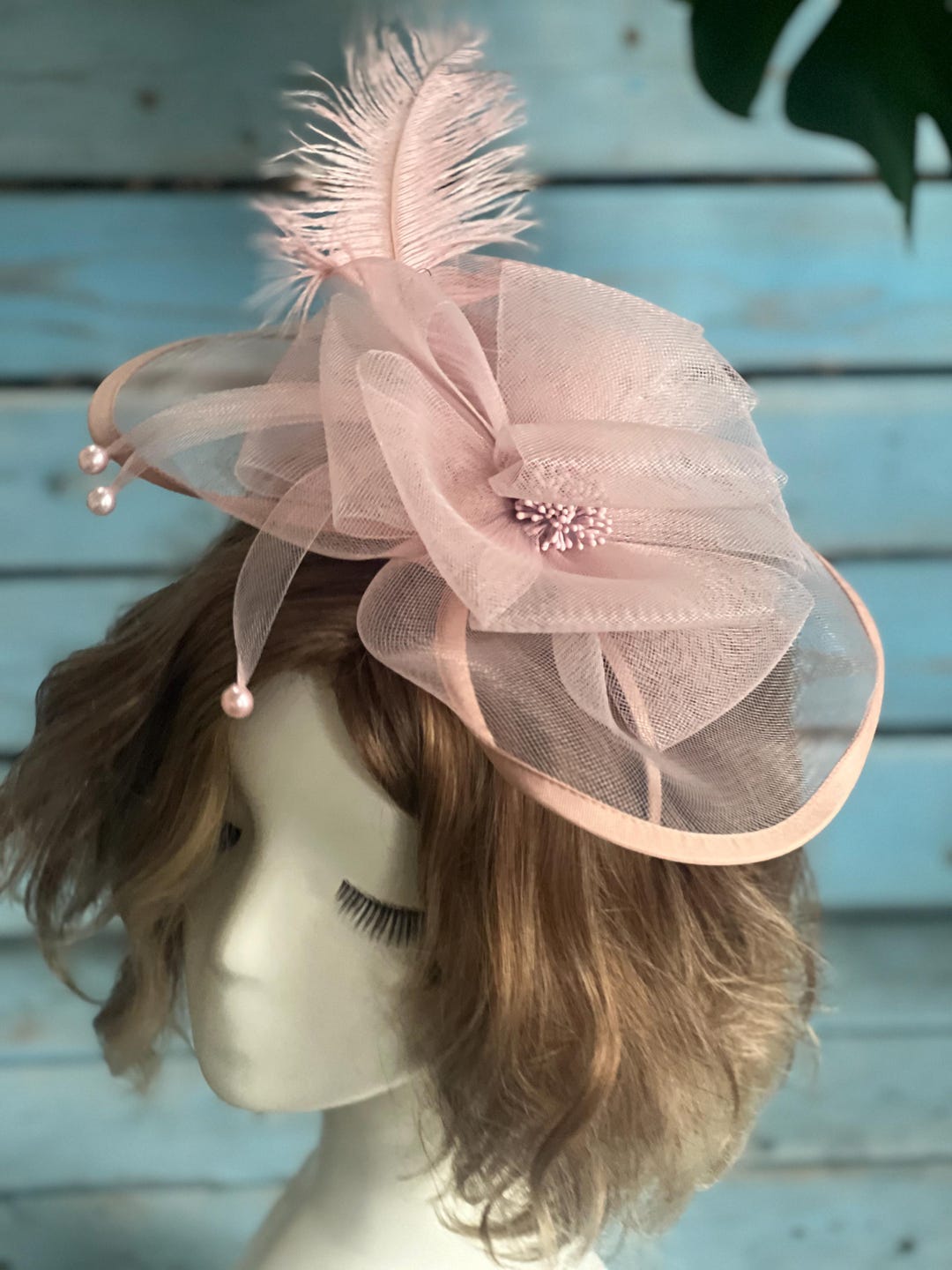 Blush Pink Feather Fascinator – Mesh Flower Pearl Headpiece - Etsy