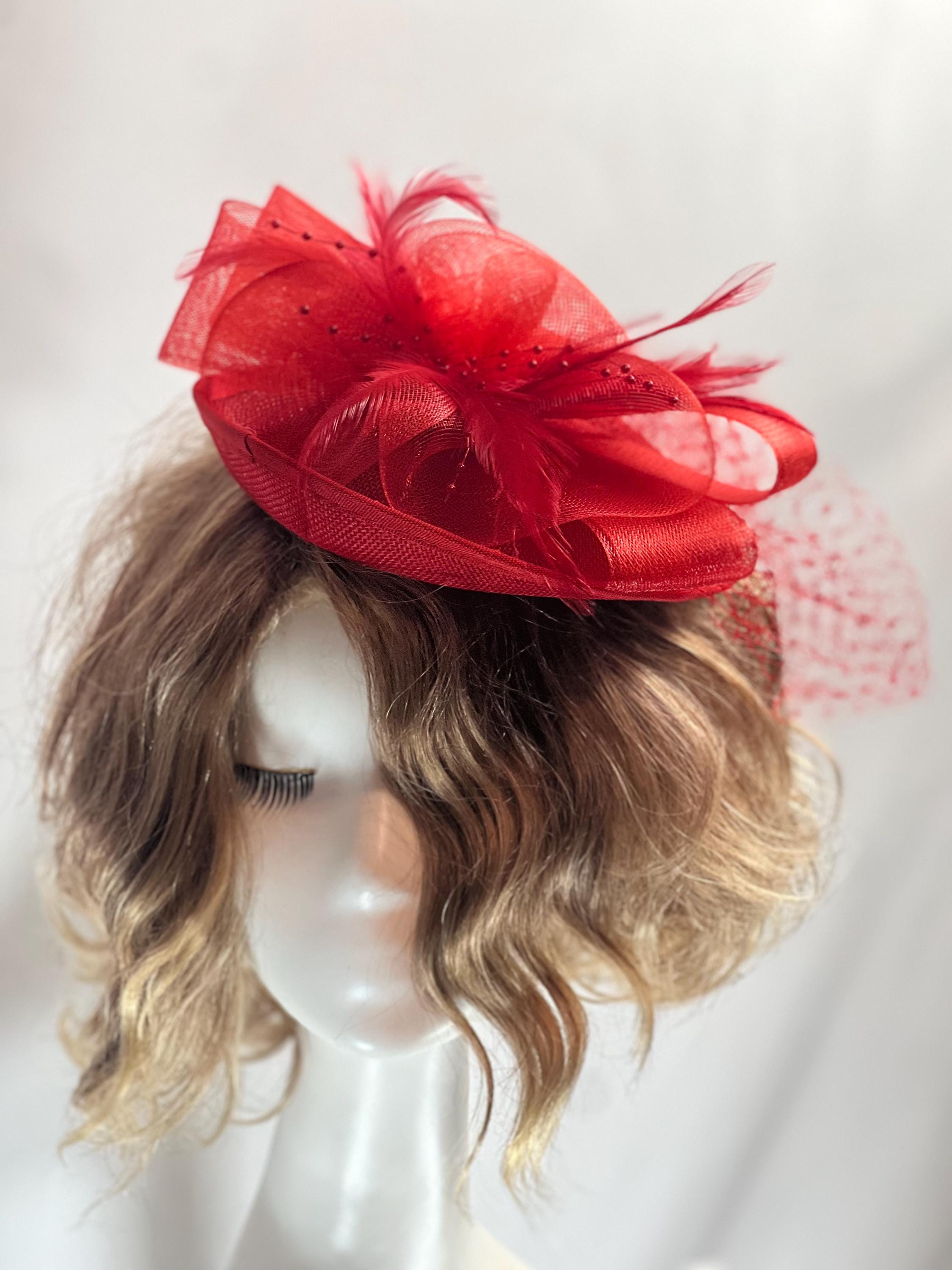Red Fascinator Hat: Elegant Feather & Veil Headpiece - Etsy