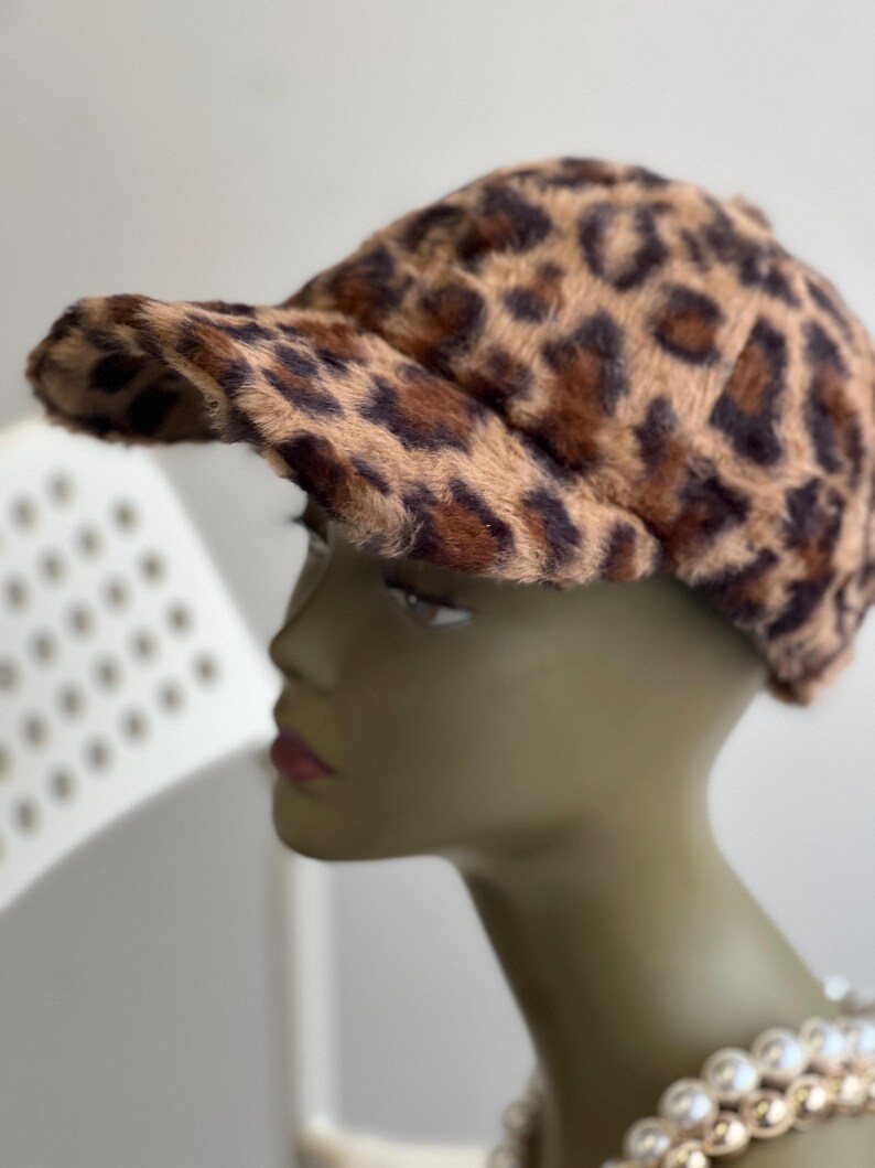 Leopard Faux Fur Winter Cap | Plush Brim, Adjustable - Etsy