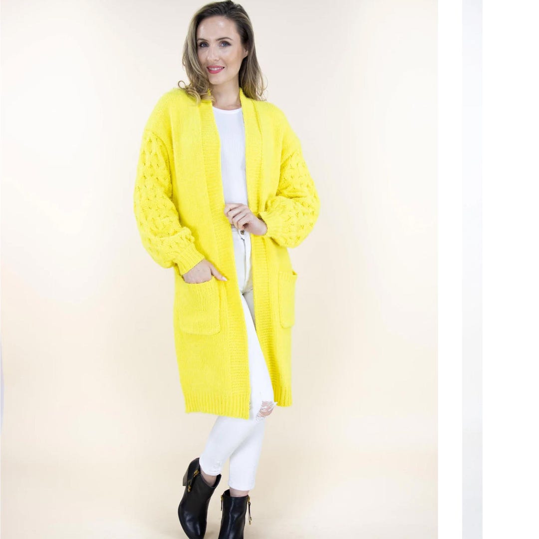 Chic Bright Yellow Long Cardigan for Women Cozy Knit Polyester Pocketed ...