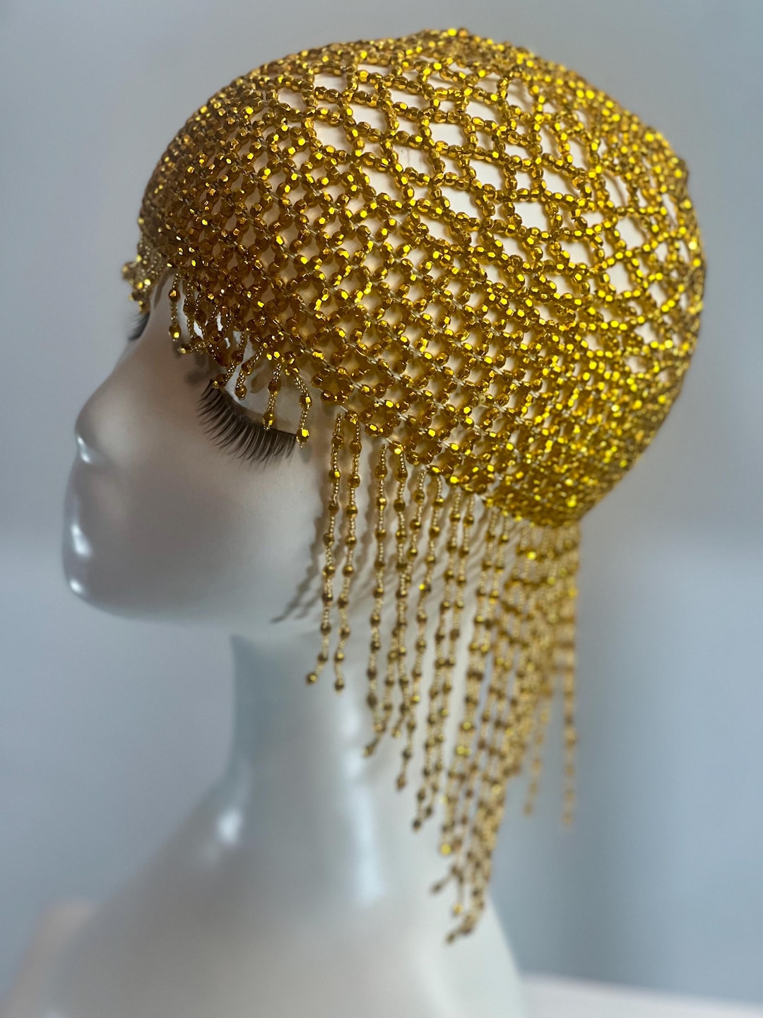 Gold Beaded Mesh Headpiece – Rhinestone-look Plastic Cap, Cleopatra ...