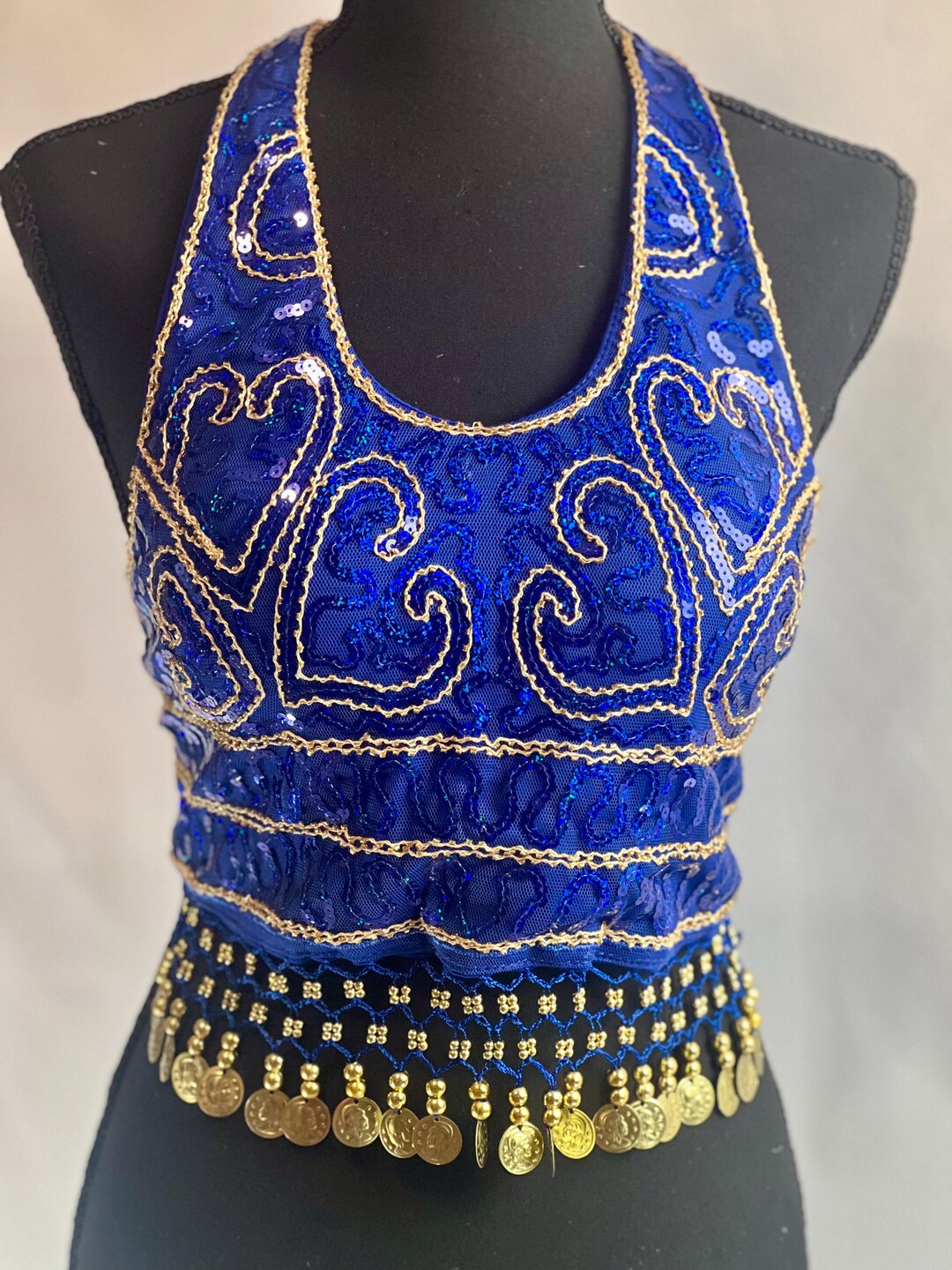 BLUE Belly Dance Halter Top With Coin Fringe – Sequin Embellished ...