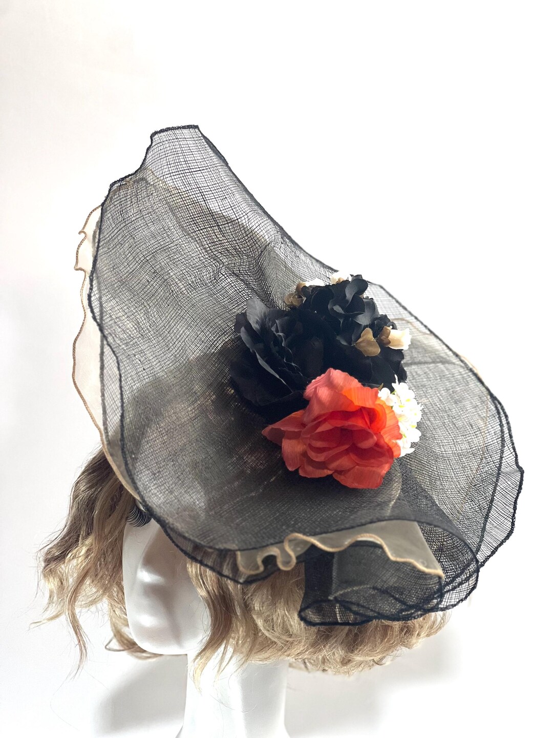 Black Wide Brim Fascinator Hat: Floral Derby Tea Party Headpiece - Etsy