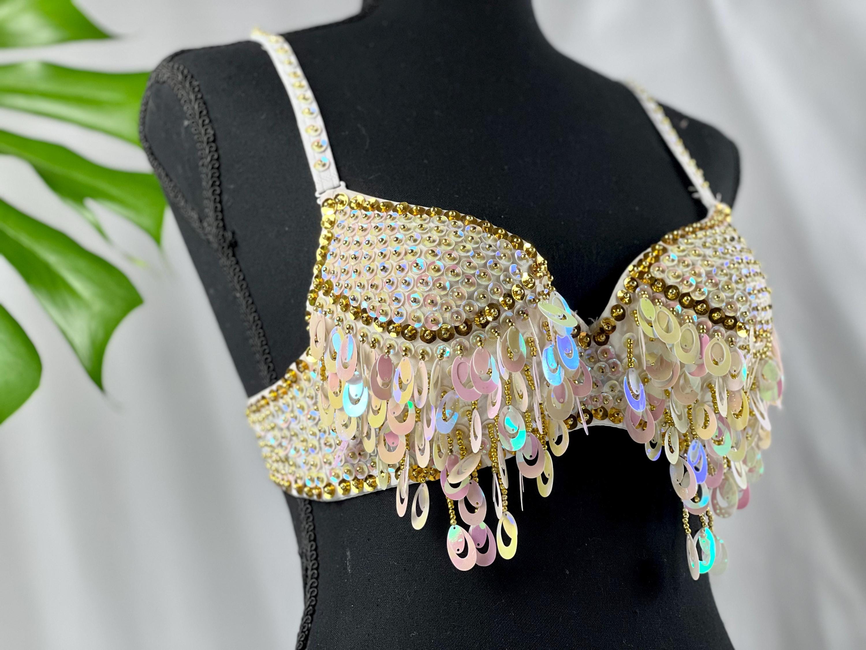 WHITE Bra Handcrafted Belly Dance Bra With Iridescent Sequin and Bead ...