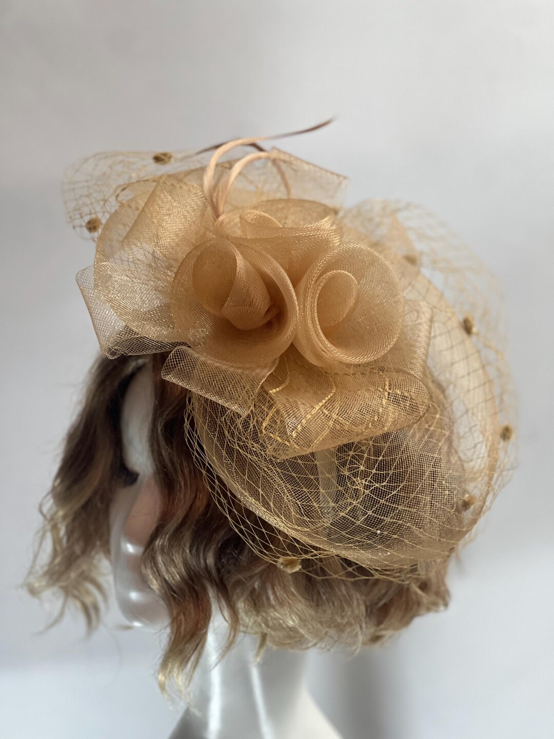 Camel Brown Elegant Fascinator Hat Feather Fascinator Hat Veil Vintage ...