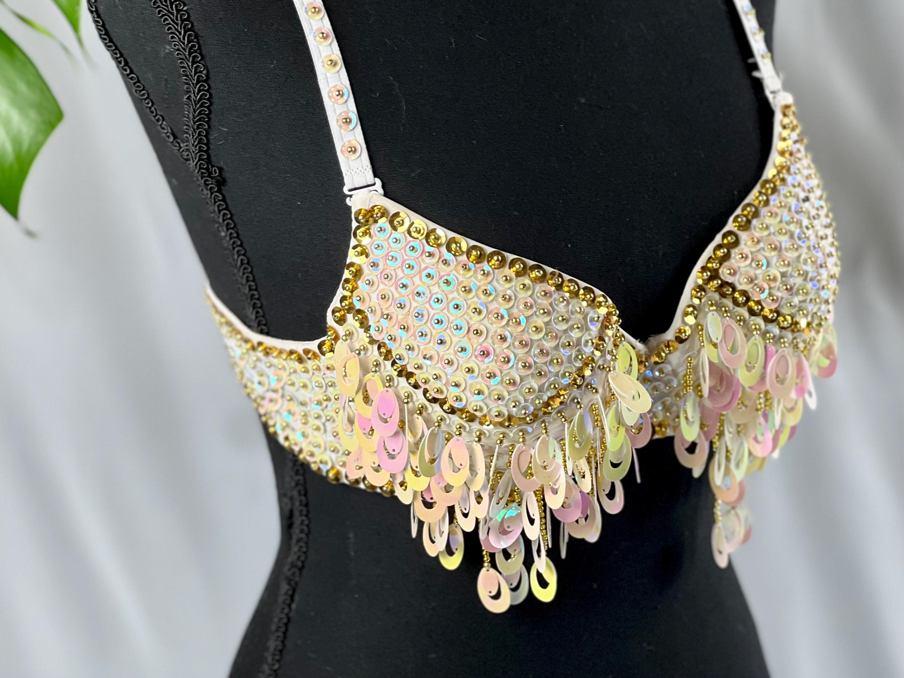 WHITE Bra Handcrafted Belly Dance Bra With Iridescent Sequin and Bead ...