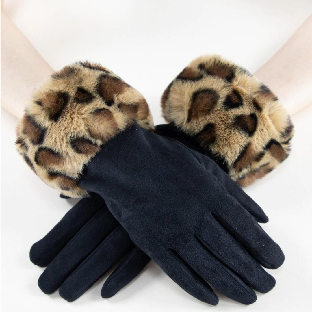 BLACK LEOPARD Faux Fur Cuff Finger Gloves With Touch Screen Function ...