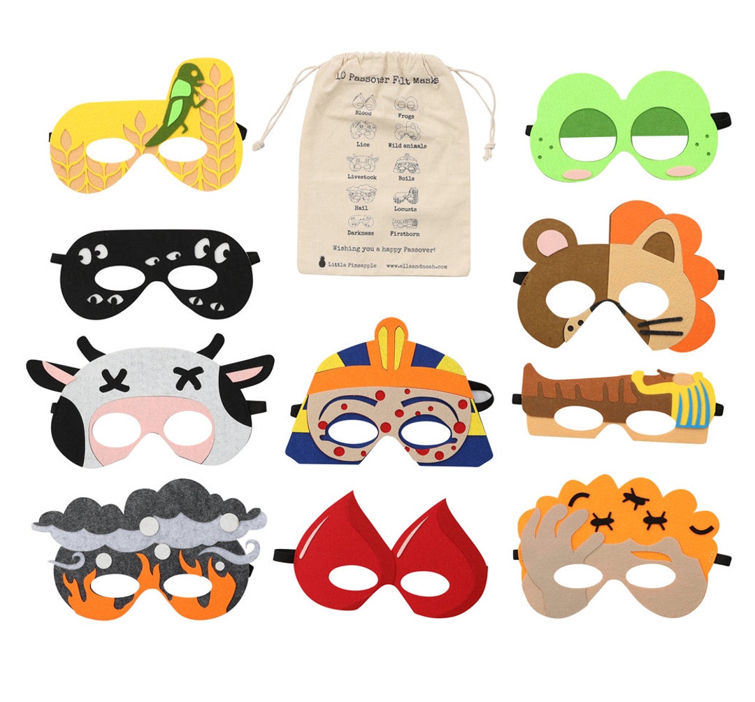 Passover 10 Felt Plague Masks in a Decorative Fabric Storage Pouch for ...