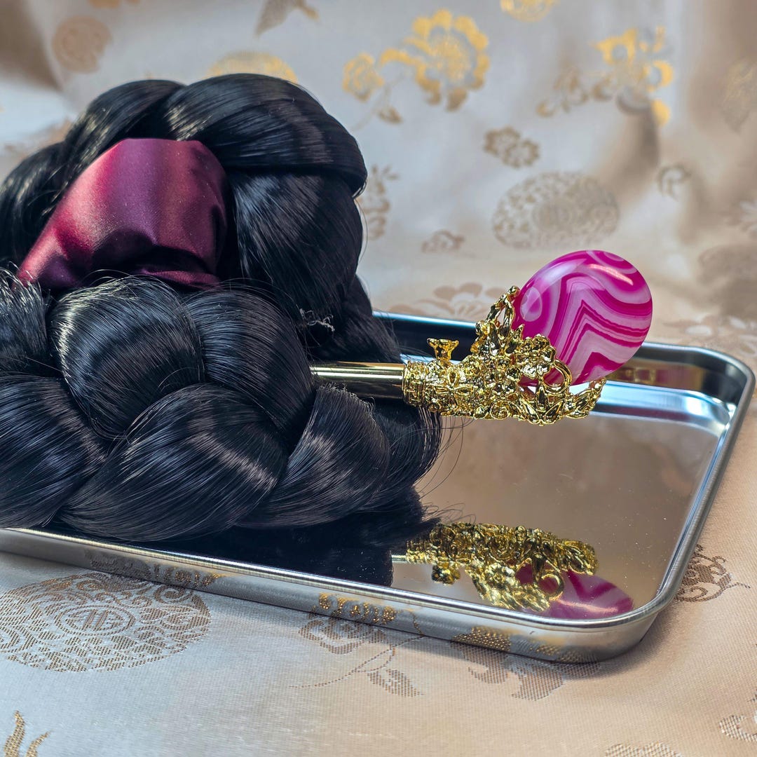 Handcrafted Korean Binyeo Pink Stripe Agate | Traditional Hairpin With ...