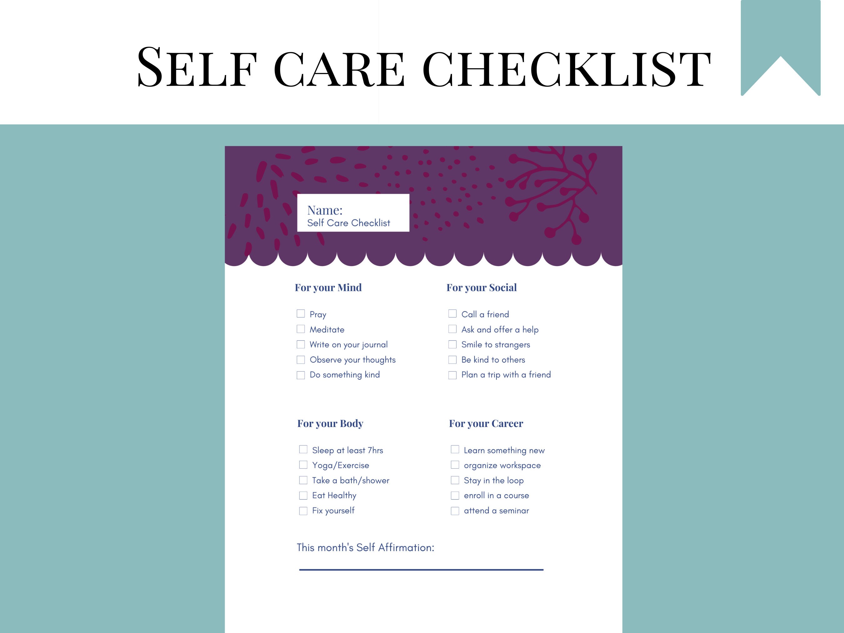 Self Care Checklist, Printable Self Care, Self Care Planner, Self Care ...