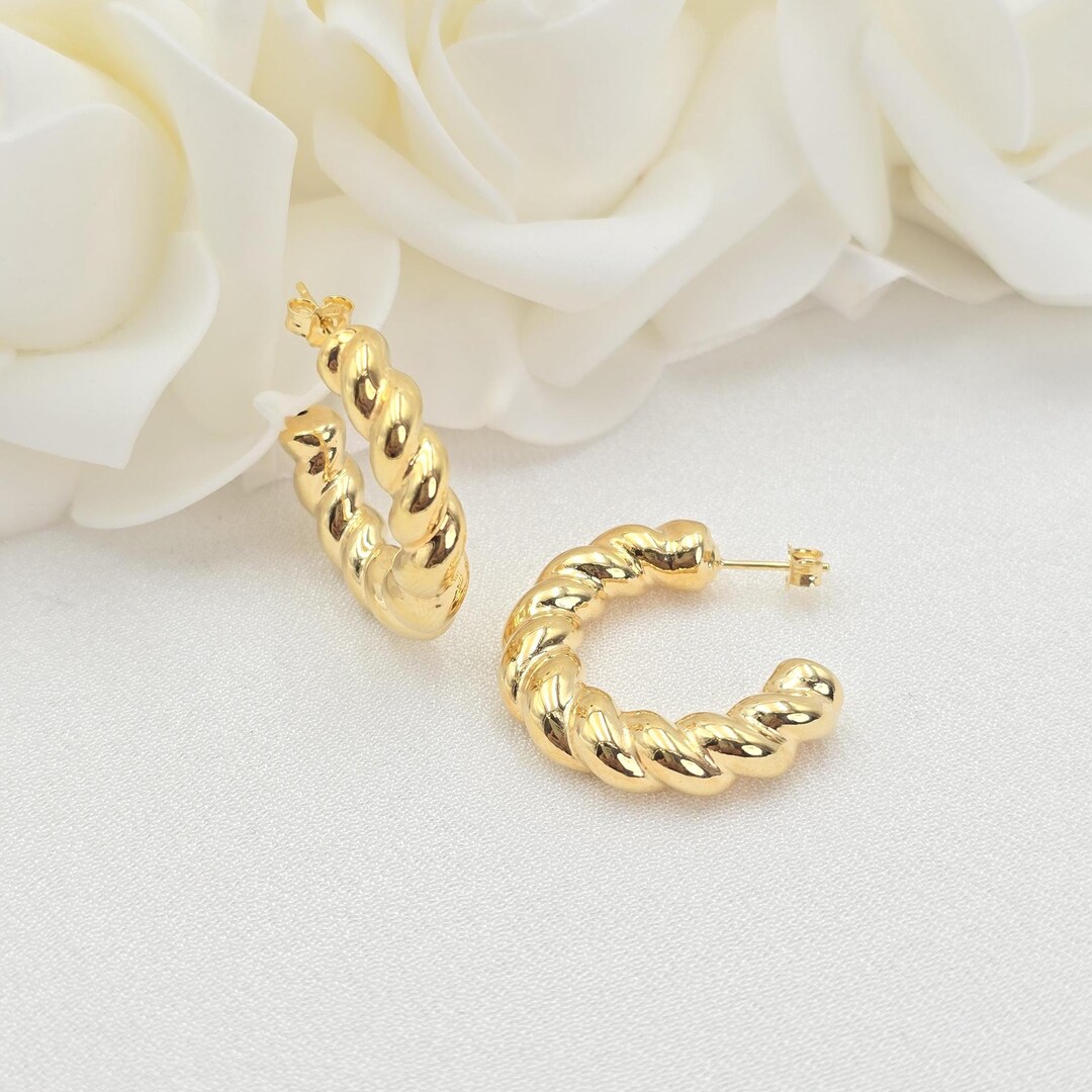 14k Gold Half Hoop Earring Set 6mm Thick C Hoops Polished Shrimp Hoops ...