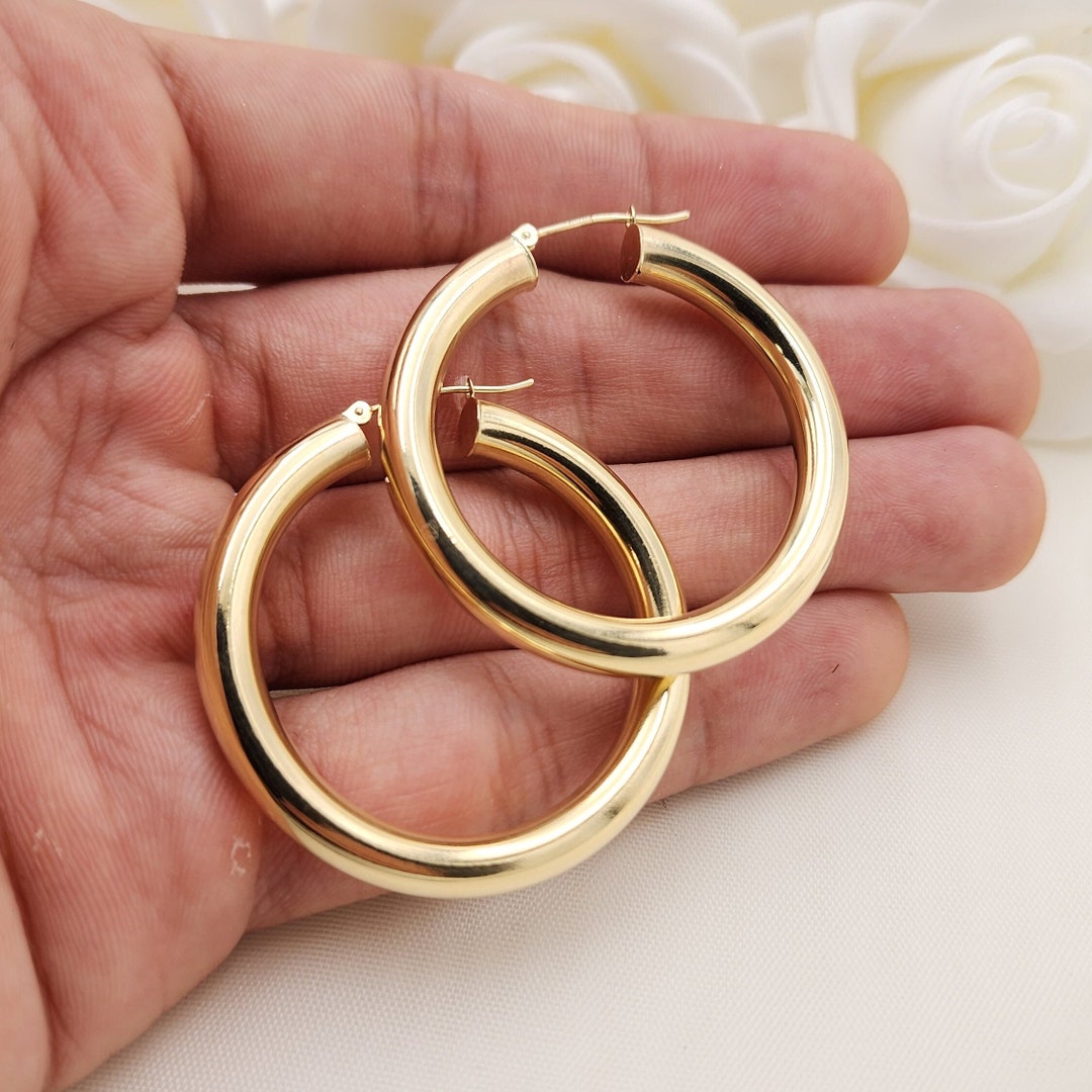Real 14k Gold 4.5MM Chubby Hoop Earrings - 40MM - Polished Hoops ...