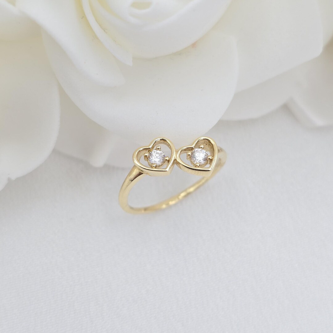 Solid 14k Gold Double Heart Ring - Fine Jewelry for Her - CZ - Elegant ...