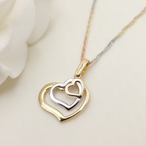 Solid 14k Tri Color Gold Triple Heart Charm Necklace - 16", 18", 20 ...