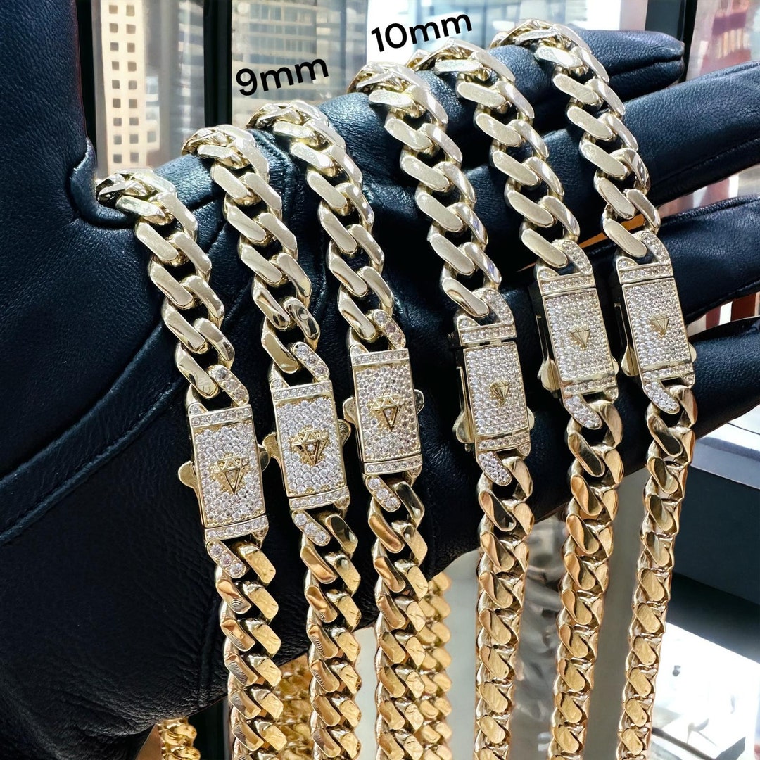 Real 14K Gold Polished Monaco Link Chain - CZ Box Lock - 9mm, 10mm ...