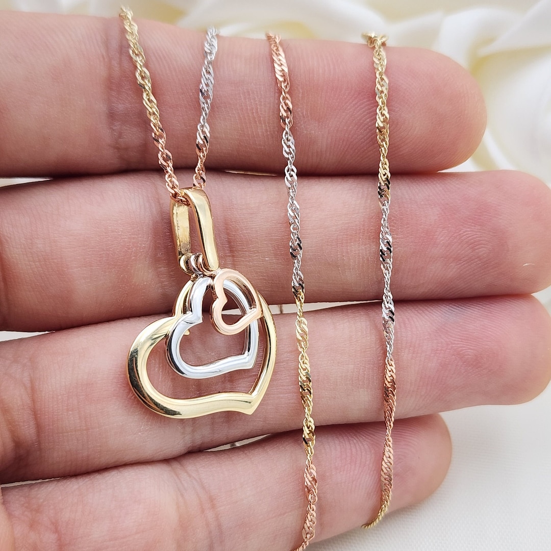 Solid 14k Tri Color Gold Triple Heart Charm Necklace - 16", 18", 20 ...