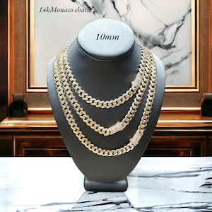 Real 14K Gold Polished Monaco Link Chain - CZ Box Lock - 9mm, 10mm ...