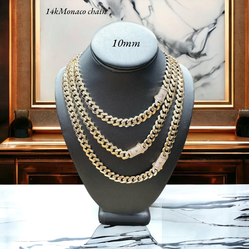 Real 14K Gold Polished Monaco Link Chain - CZ Box Lock - 9mm, 10mm ...