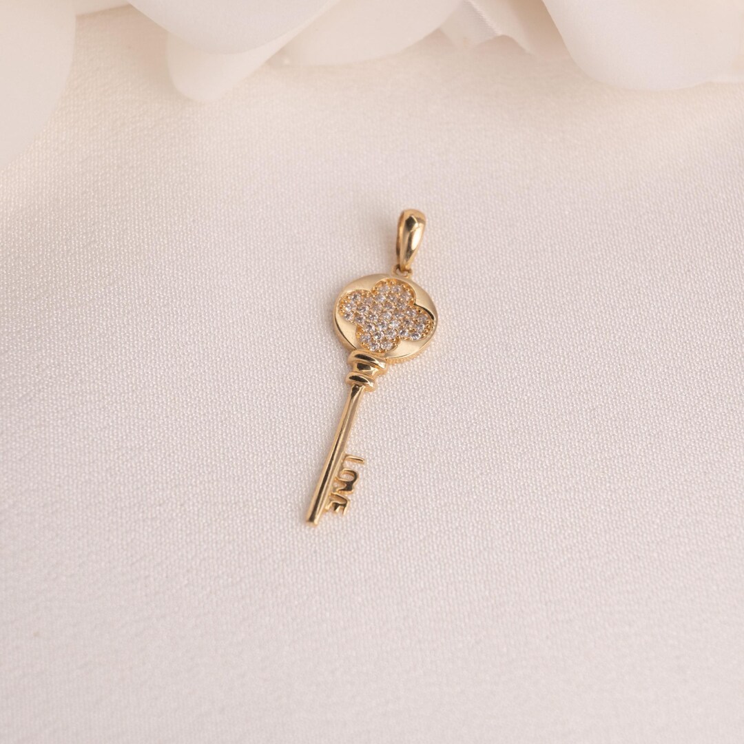 Solid 14k Gold Big Key Necklace - 14k Charm - Fancy & Modern - Real ...