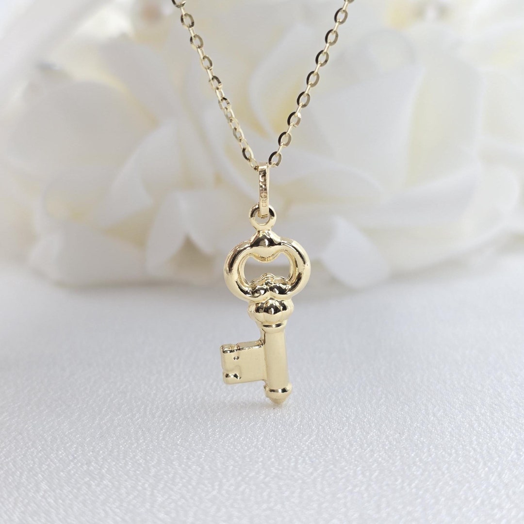 14k Gold Puffed Key Charm Necklace Cable Necklace Shiny & Everlasting ...