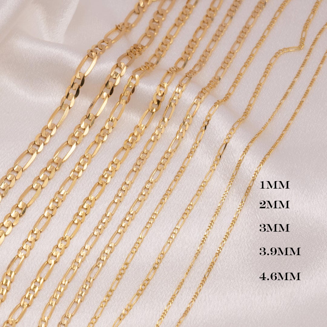 Solid 14k Gold Close Link Figaro Chains - 1MM, 2MM, 3MM, 3.9MM, 4.6MM ...