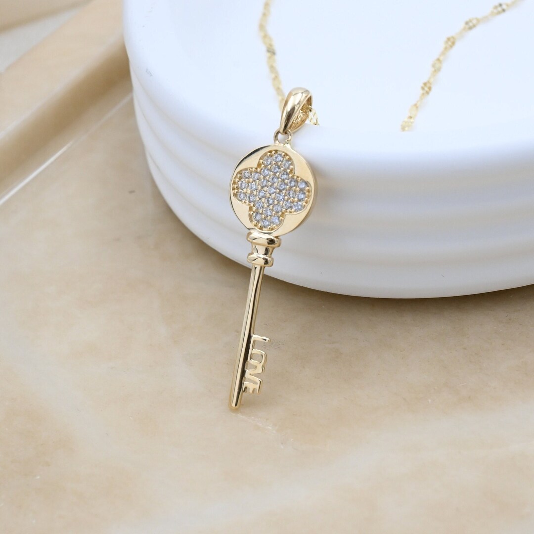 Solid 14k Gold Big Key Necklace - 14k Charm - Fancy & Modern - Real ...