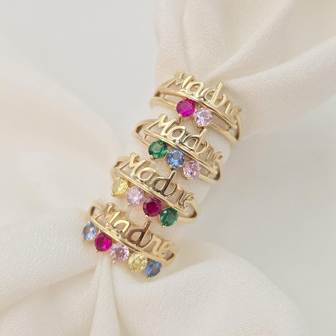 Solid 14k Gold Birthstone Mother's Day Rings - 5, 4, 3, 2 Birth Stone ...
