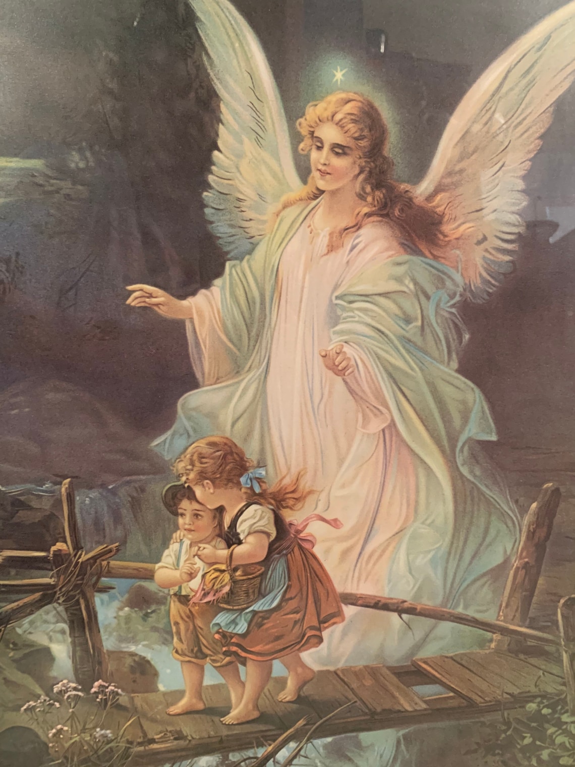 Vintage Guardian Angel watching over children on bridge print | Etsy