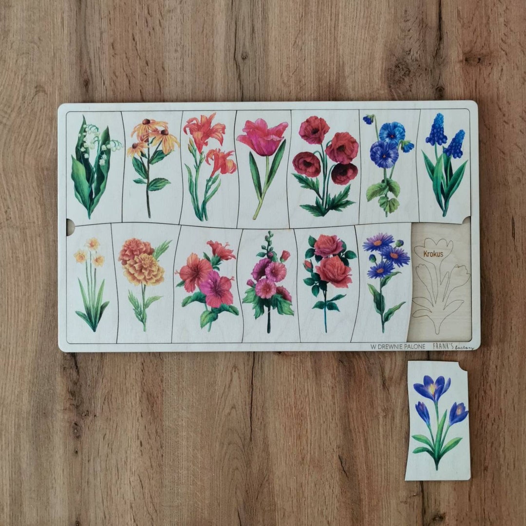 Montessori Steckpuzzle Blumen, Sortierspiel, Holzpuzzle, Holz, Druck UV ...