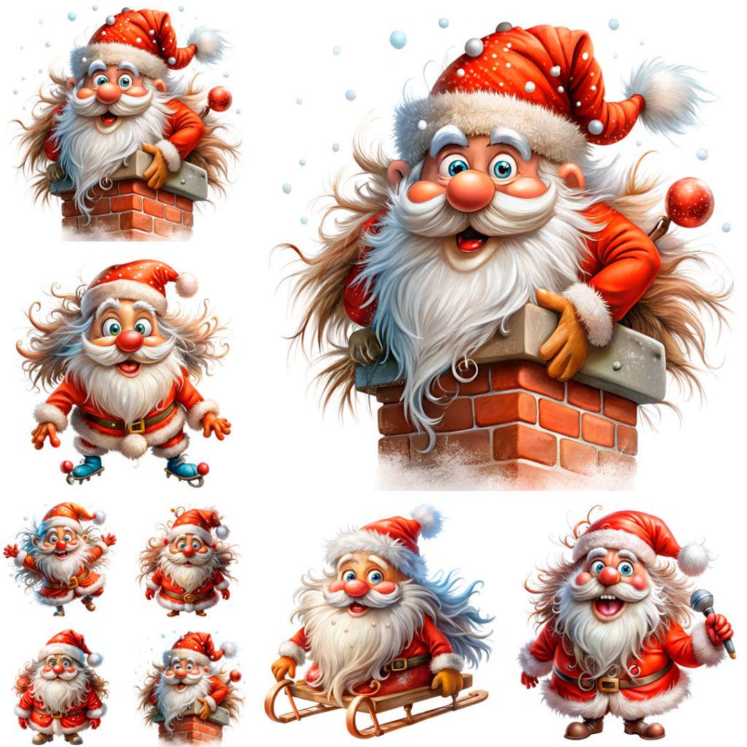 Funny Santa Claus 8 PNG Cliparts Digital Illustration for Printing ...