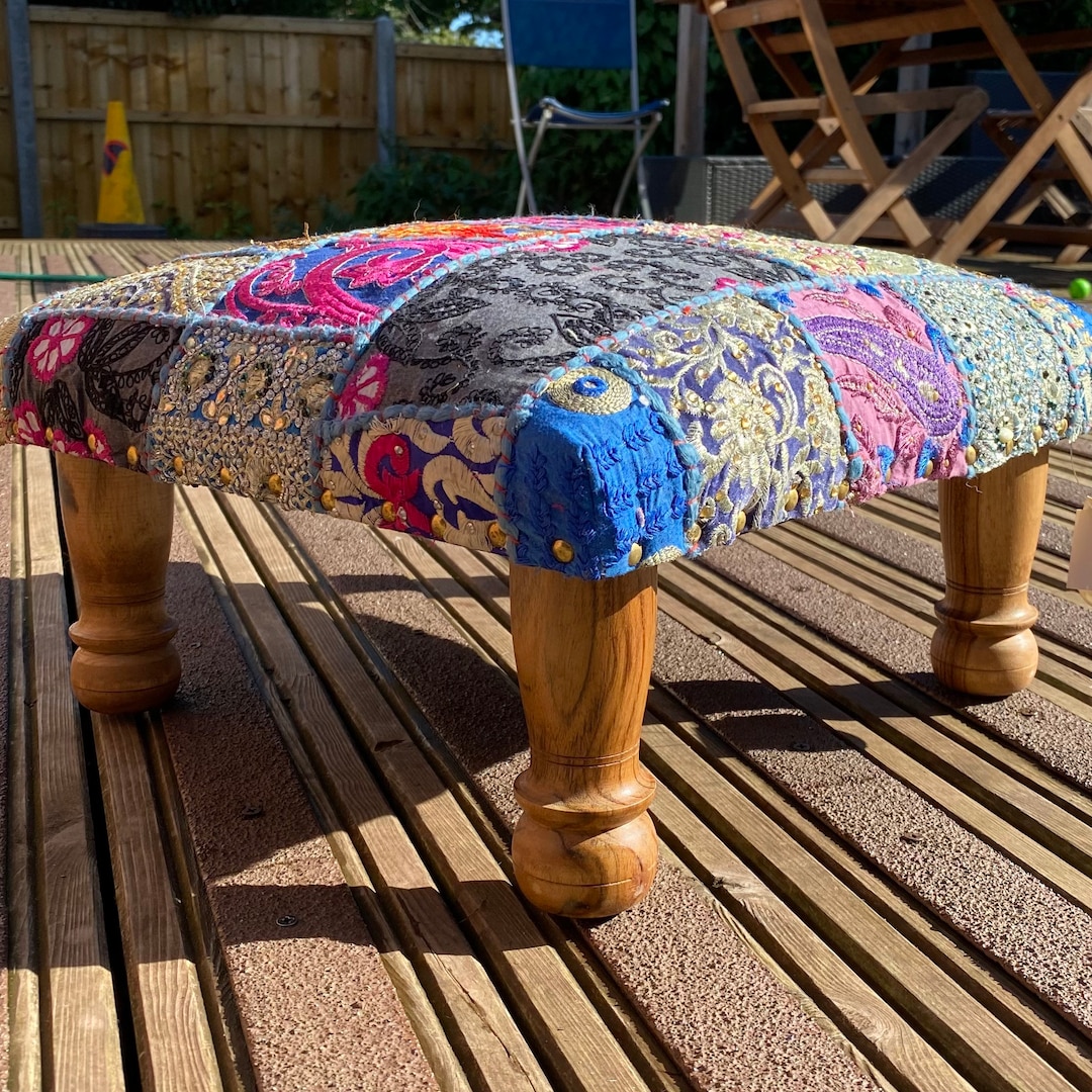 Classic Patchwork Brocade Deep Blue Indian Footstool - Etsy