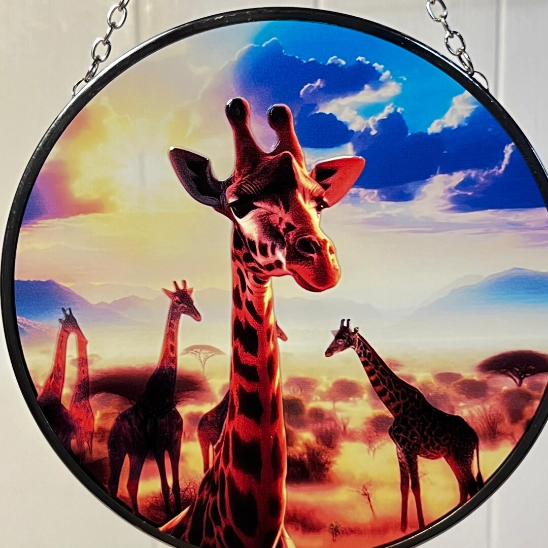 6-inch Giraffe Family Design Stained Glass Suncatcher - Handcrafted ...