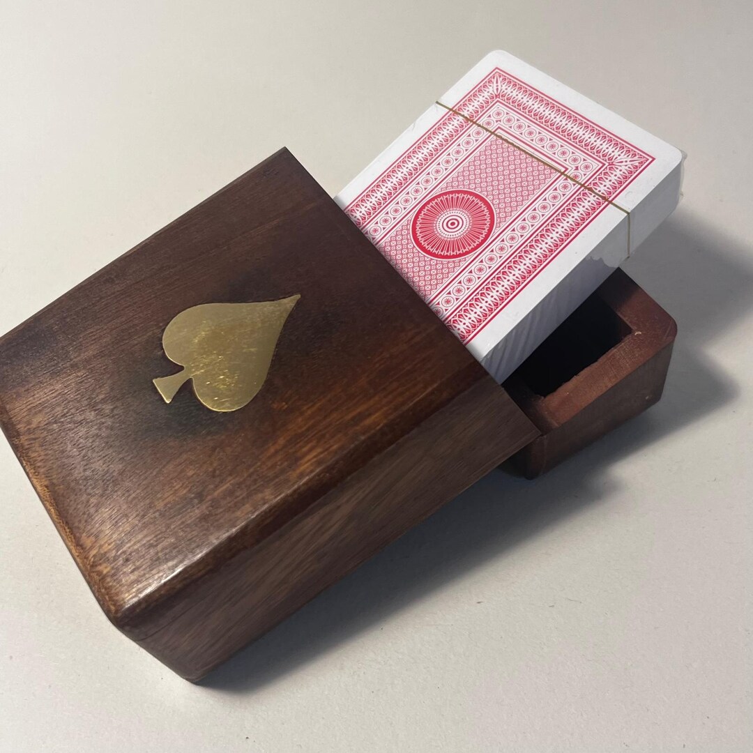 Handcrafted Brown Wooden Playing Card Box With Brass Ace of Spades ...