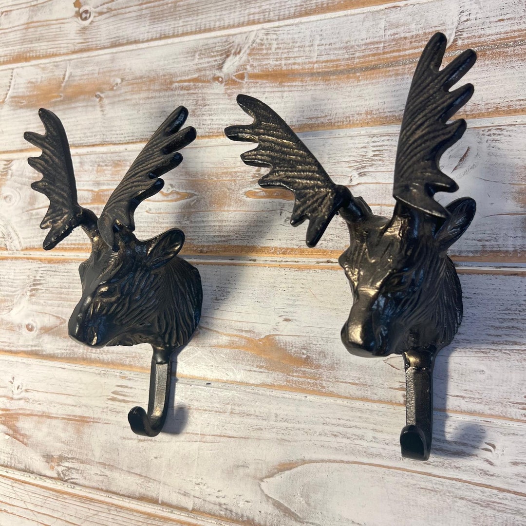2 X Wall-mounted Cast Iron Deer Head Hooks for Hats, Coats, Durable and ...