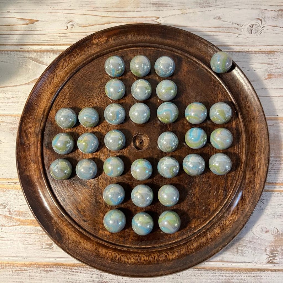Dark WOOD SOLITAIRE BOARD Game With Thunderbolt Glass Marbles classic ...