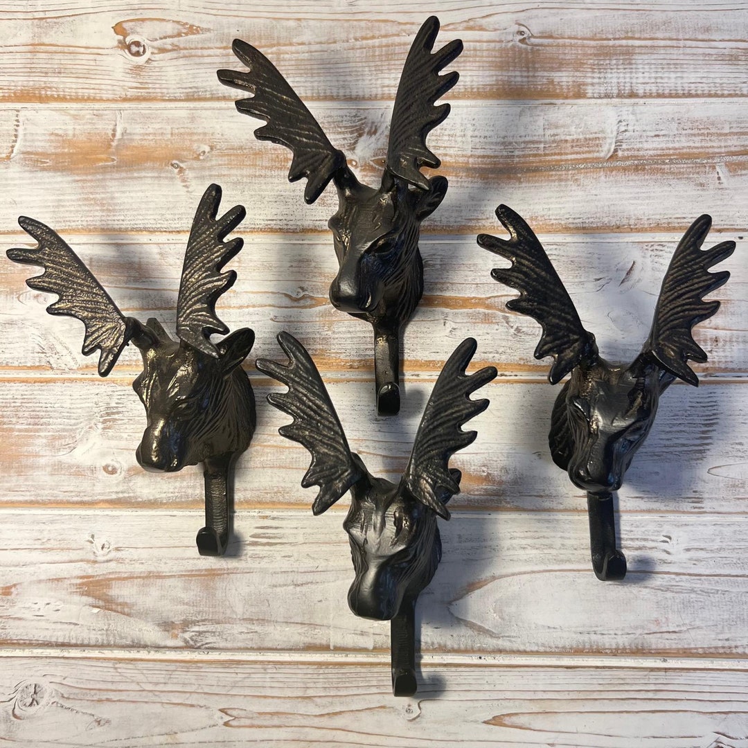 4 X Wall-mounted Cast Iron Deer Head Hooks for Hats, Coats, Durable and ...