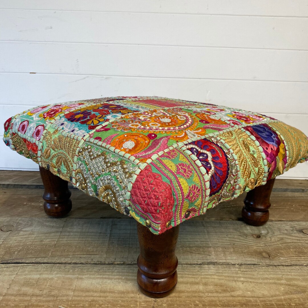 Classic Patchwork Brocade Indian Footstool Green - Etsy
