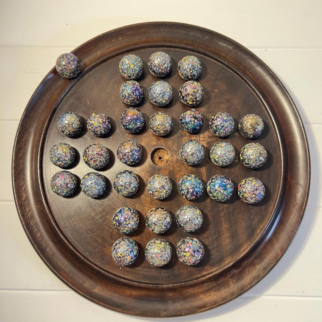 Wooden SOLITAIRE Board GAME With Glitterbomb Glass Marbles | Classic ...