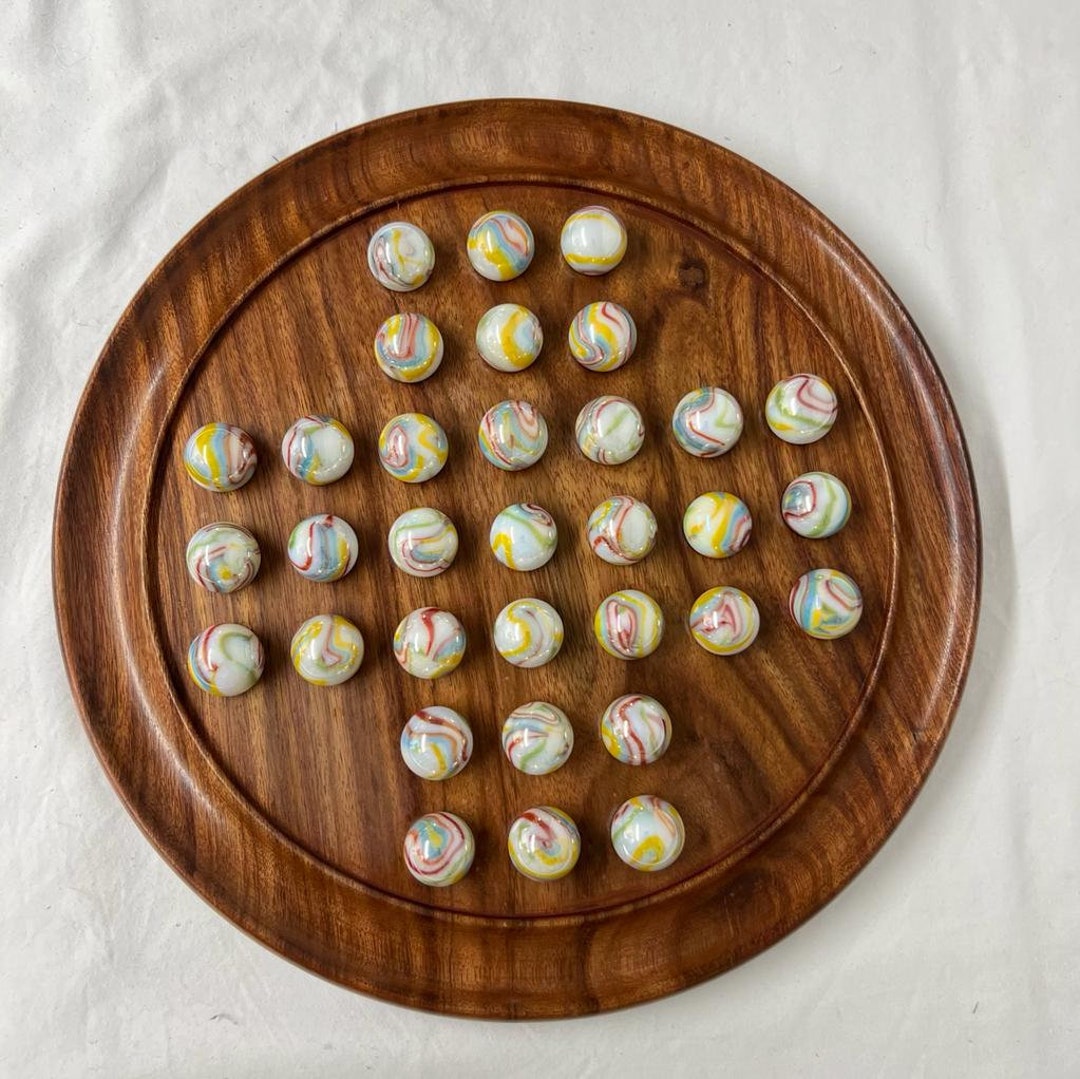 Large Polished Wooden Solitaire Set With Panamerican Marbles - 30cm ...