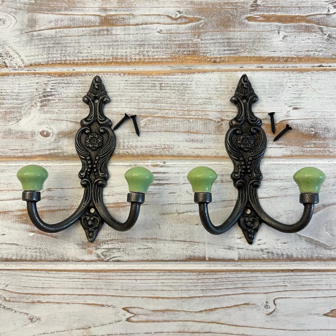 TWO Cast Iron French Style Double Ornate HOOKS - Lime Green - Ceramic Ball Tops - Cloakroom Hook ...