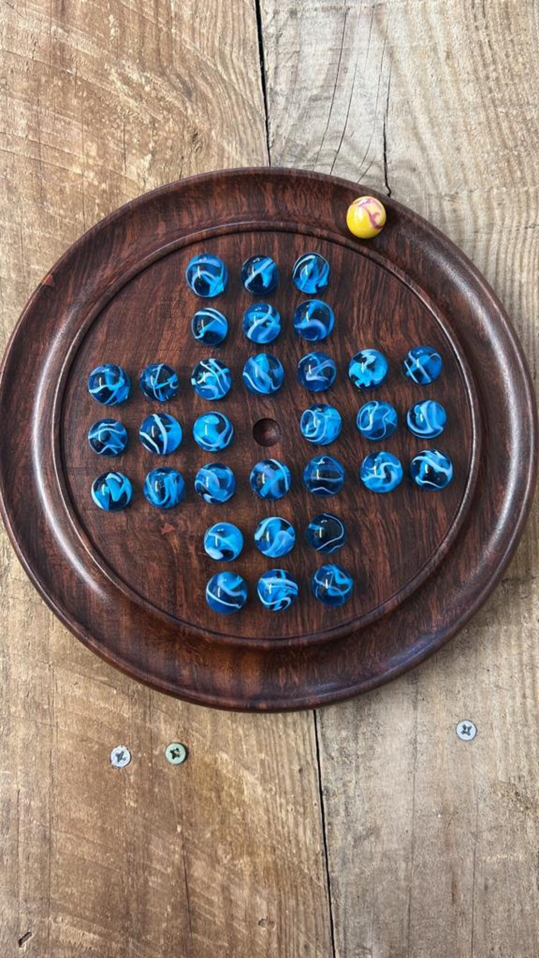 Polished Wooden Solitaire Set With Deep Aqua Swirl 16 Mm Marbles - 22cm ...