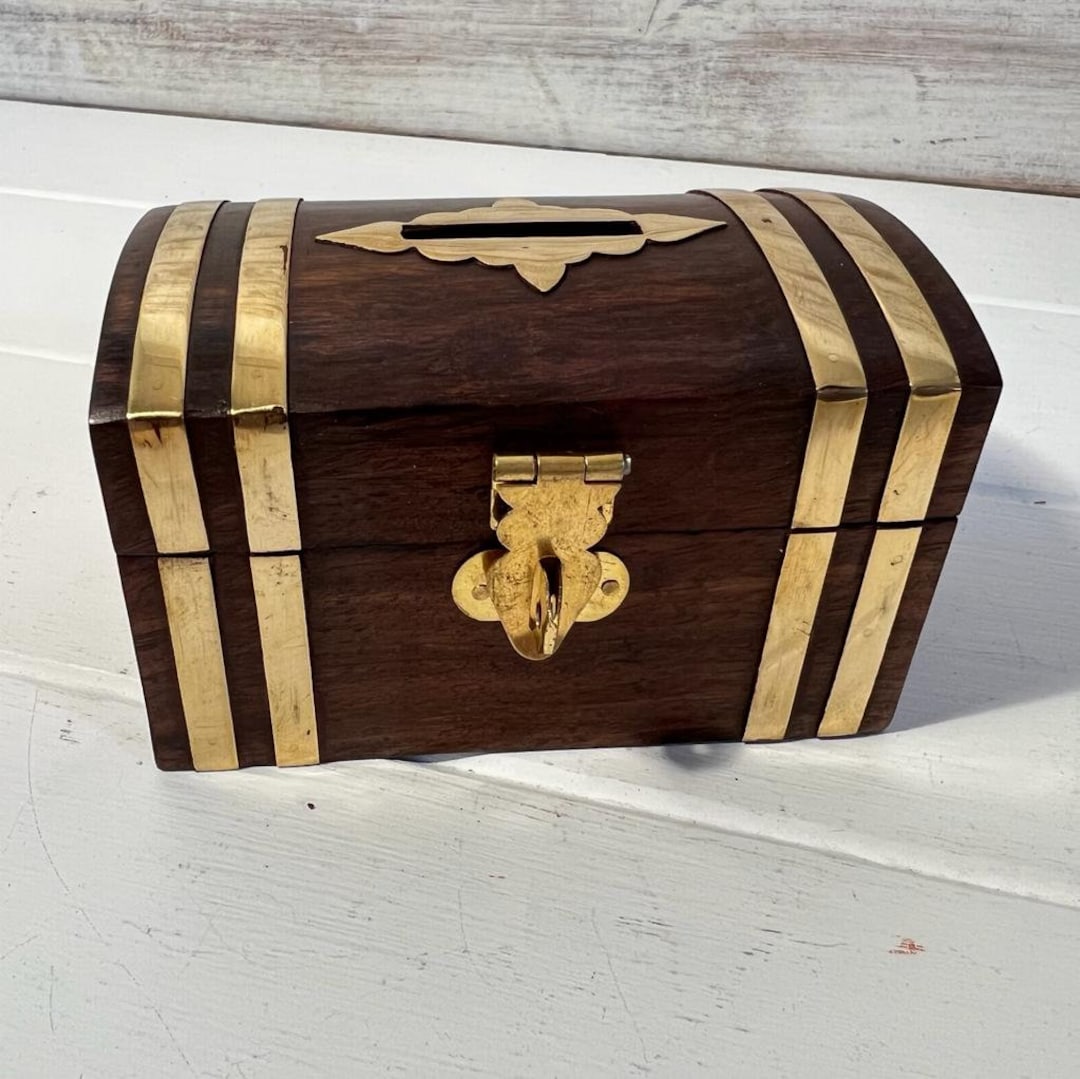 Wooden Treasure Chest Money Box With Decorative Inlaid Brasspiggy Bank ...