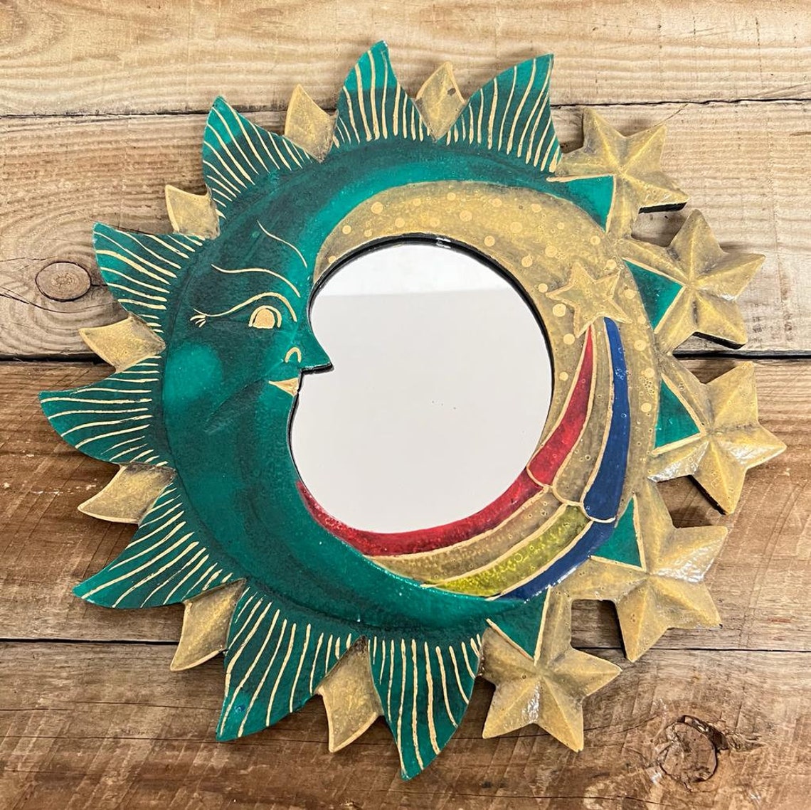 WOODEN Celestial MIRROR Features a Crescent Shaped Moon - Etsy
