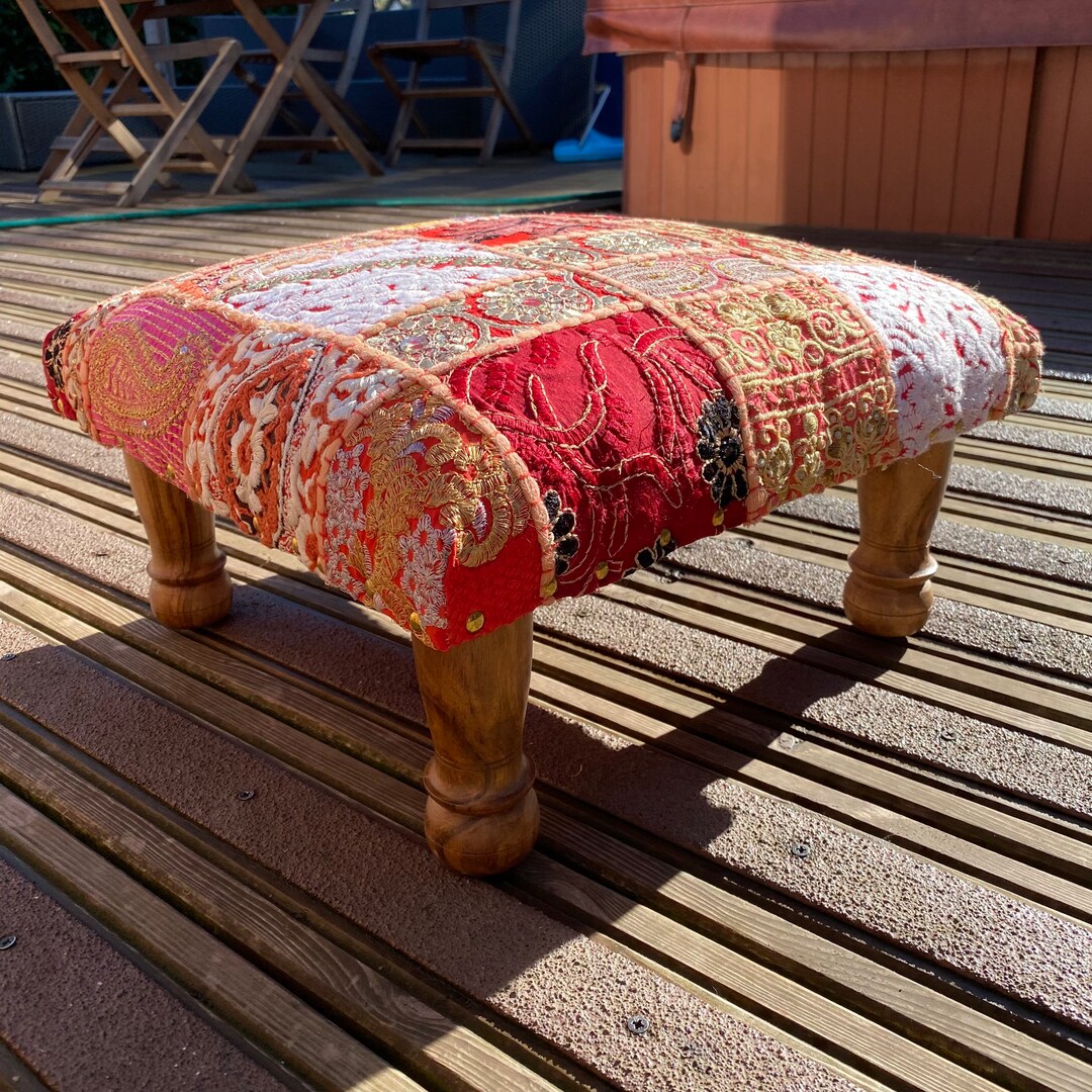 Classic Patchwork Brocade Indian Footstool Maroon - Etsy