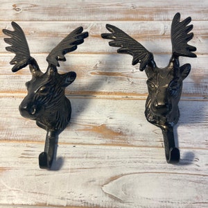 2 X Wall-mounted Cast Iron Deer Head Hooks for Hats, Coats, Durable and ...