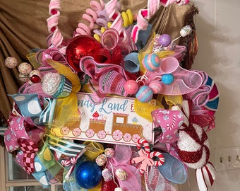 Candyland Wreath/garland, Christmas Wreath, Pink and Green Candy Wreath ...